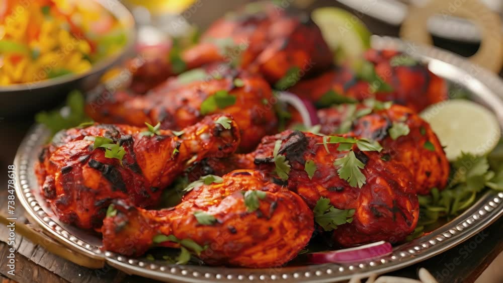A festive display of tandoori chicken served on a silver platter with a ...