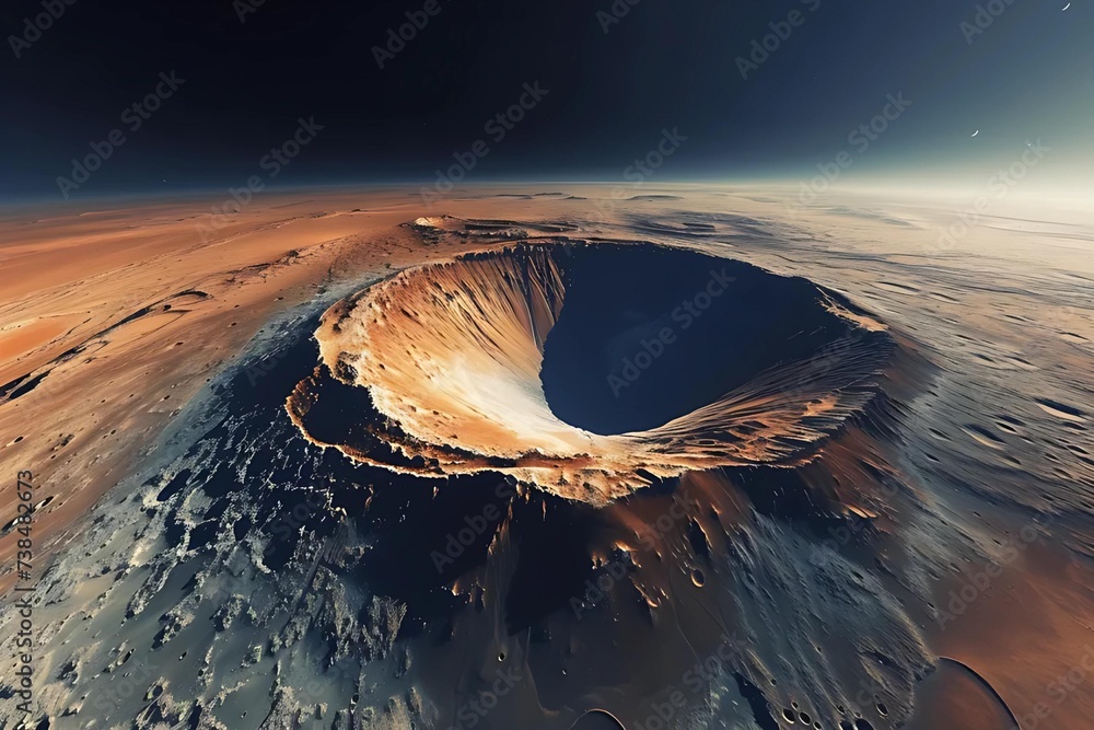 Stock image of a panoramic view from the top of Mars' Olympus Mons, the ...