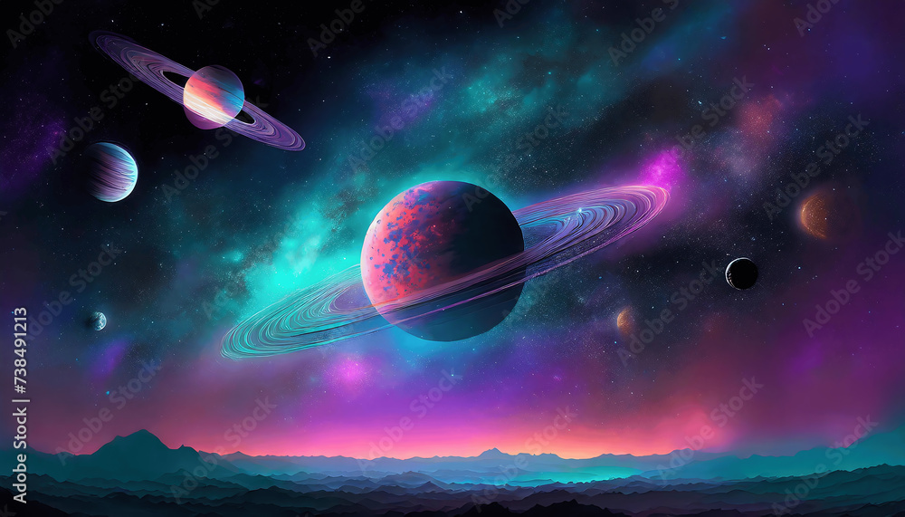 epic dark solar system with all our planets and nebulaes over the sky ...