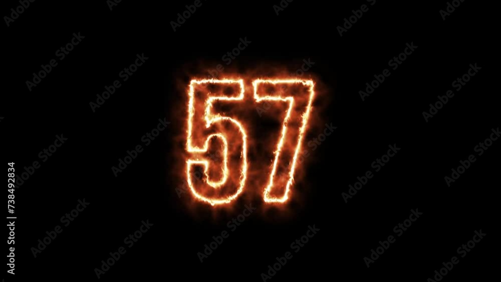 Number 57 fire Animation on a black background. Number Fifty Seven is ...