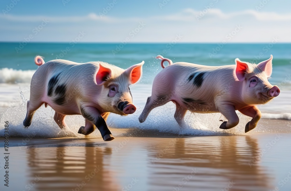 national pig day. pork day. Pigs running in the water at the edge of a ...