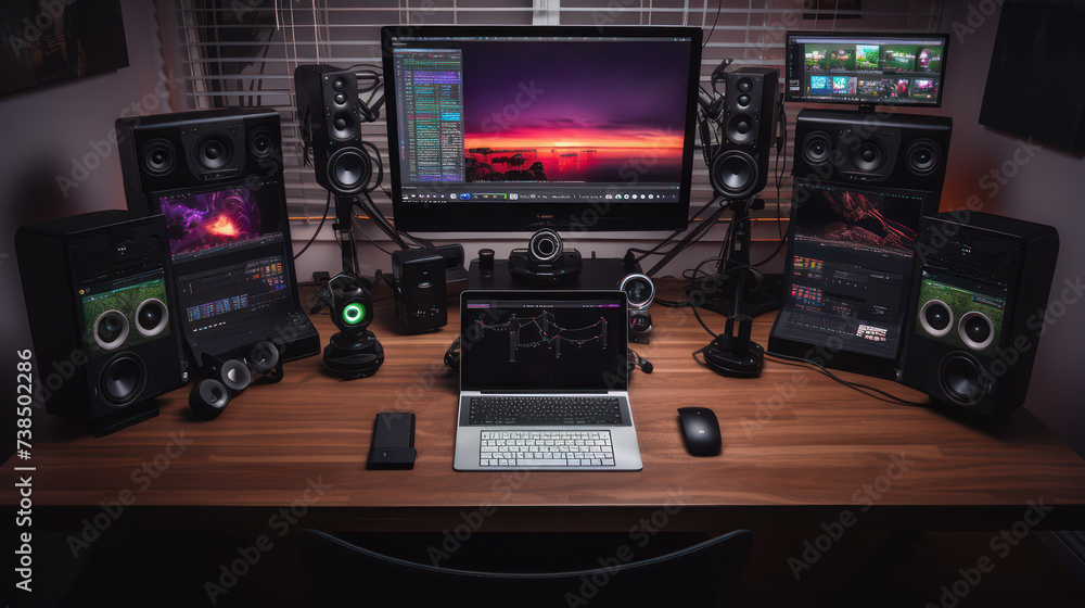 Set up PC computer monitor screen on work desk, seen from above flat ...