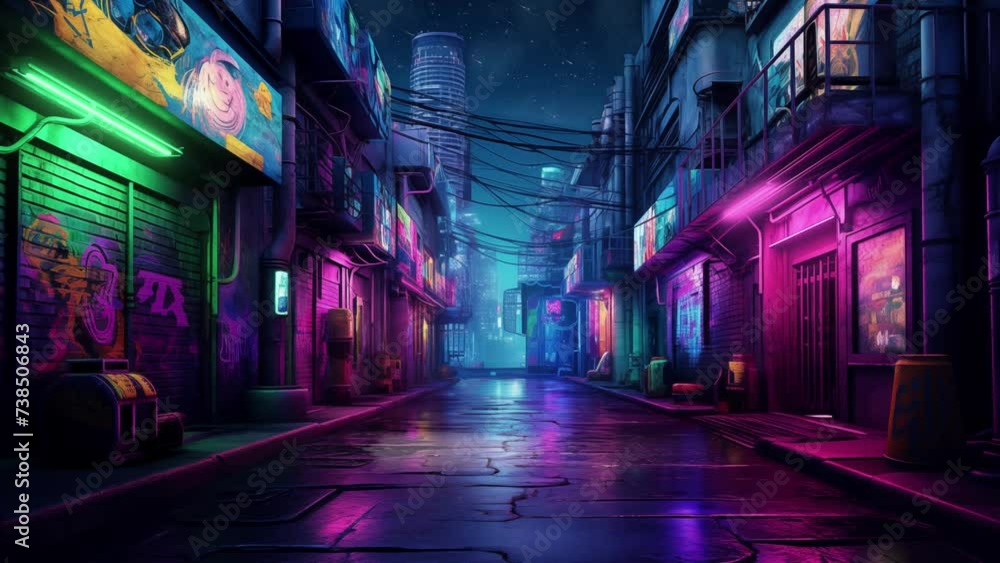 dystopian cyberpunk alleyway at night with neon. cyberpunk city at ...