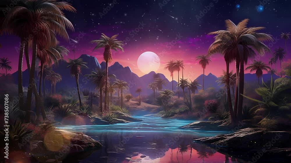 desert mirage oasis at night with oasis palm tree. desert oasis ...