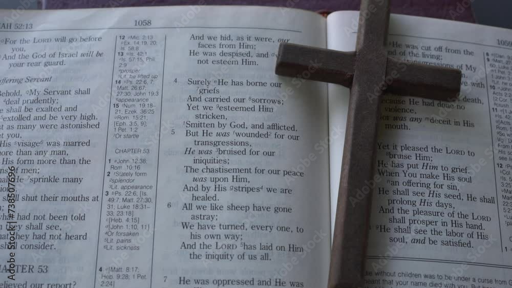 Bible scripture passage of the book of Isaiah 53 and verses 3-7. The ...
