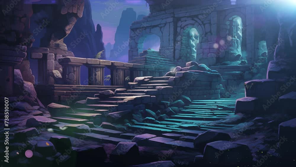 greek amphitheater ruins at night with ancient building. seamless ...