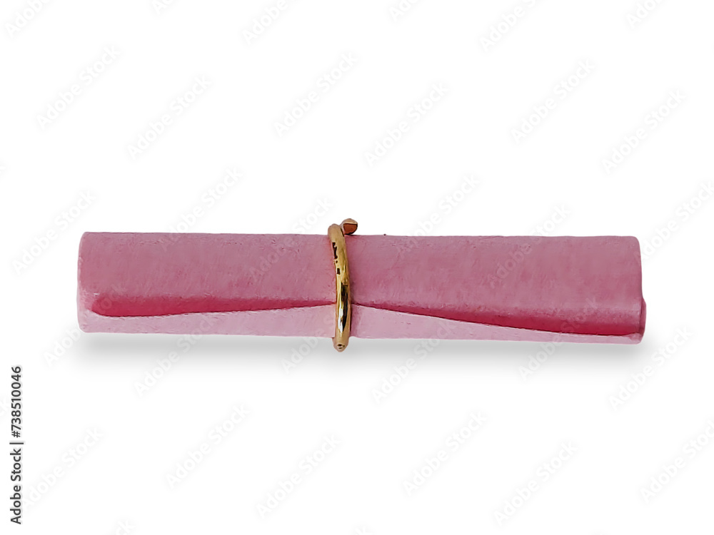 A pink rolled-up letter fixed by a golden circular ring isolated on ...