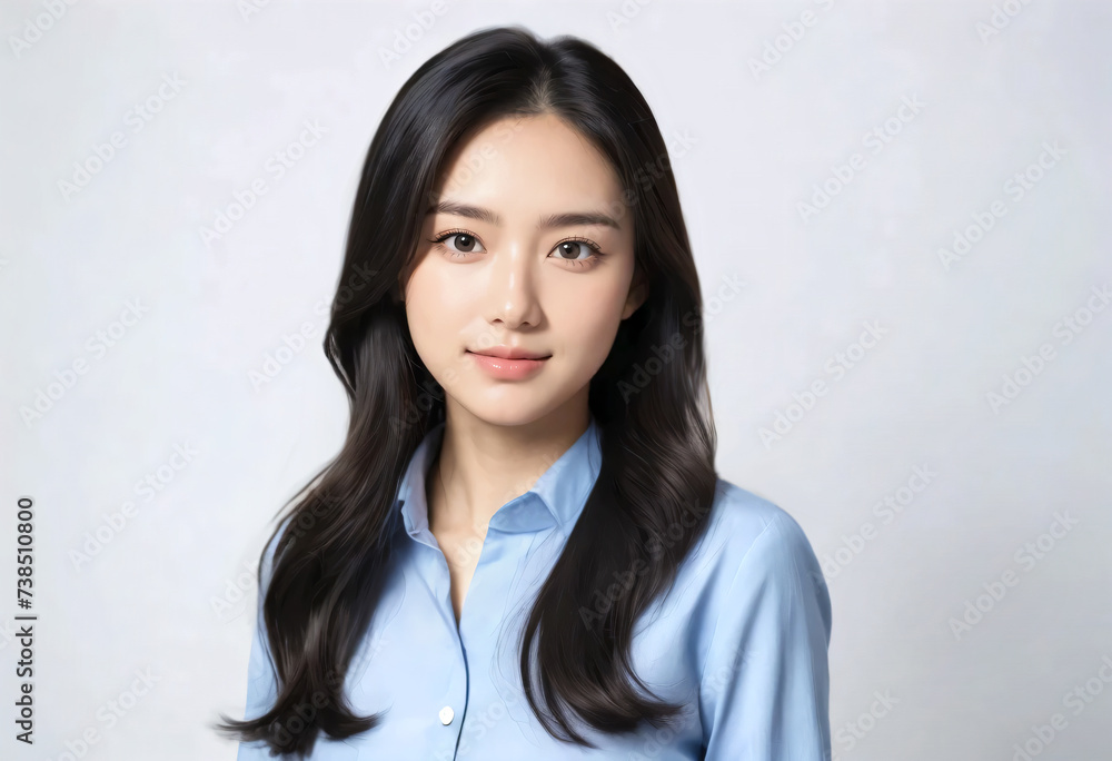 Formal id photo of a korean woman in her mid-20s in formal blue shirt ...