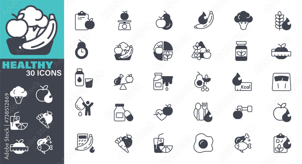 Healthy Food Icons set. Solid icon collection. Vector graphic elements ...