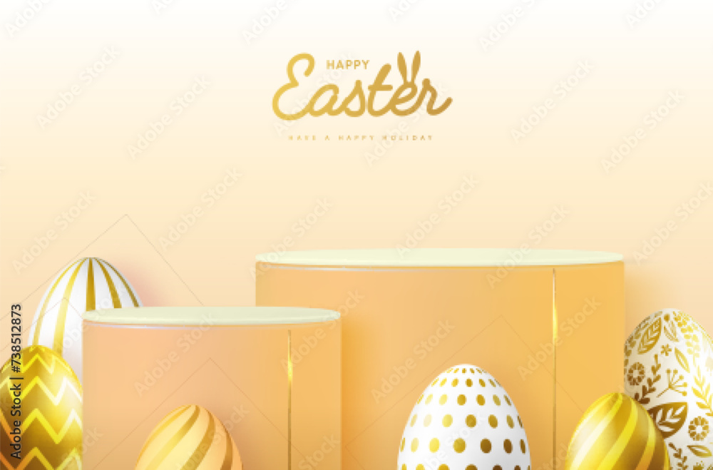 Holiday Easter showcase gold background with 3d podium and easter eggs ...