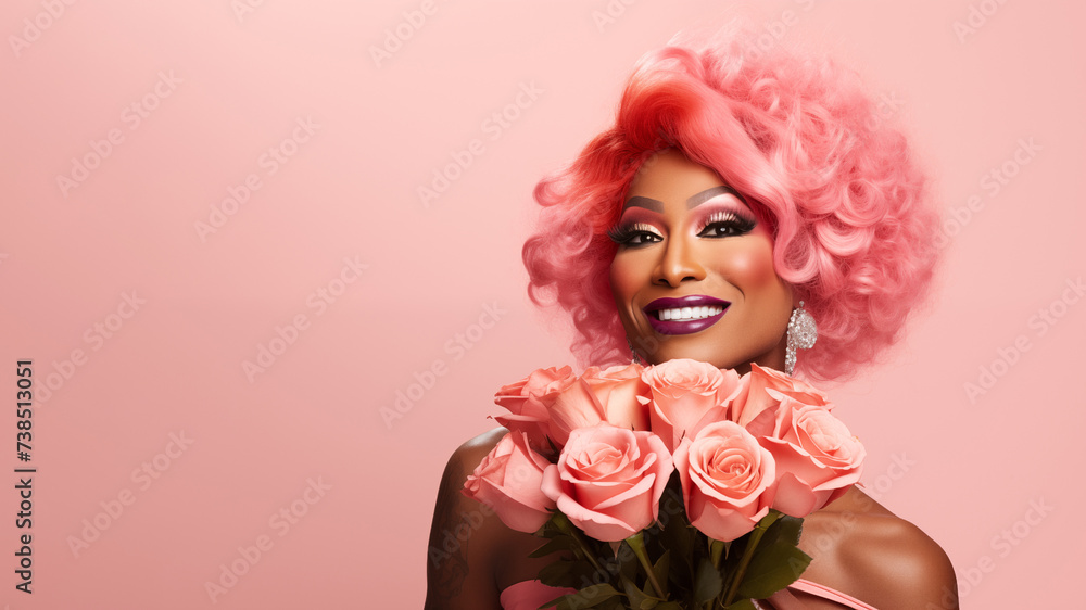 Drag Queen with pink hair with a bouquet of pink roses on a pastel ...