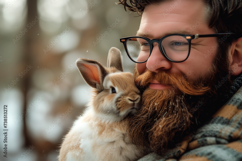 handsome bearded man gently hugs the little fox to him. people and ...