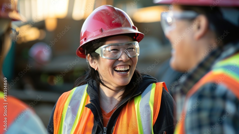 female construction site manager Wear a safety vest and helmet ...