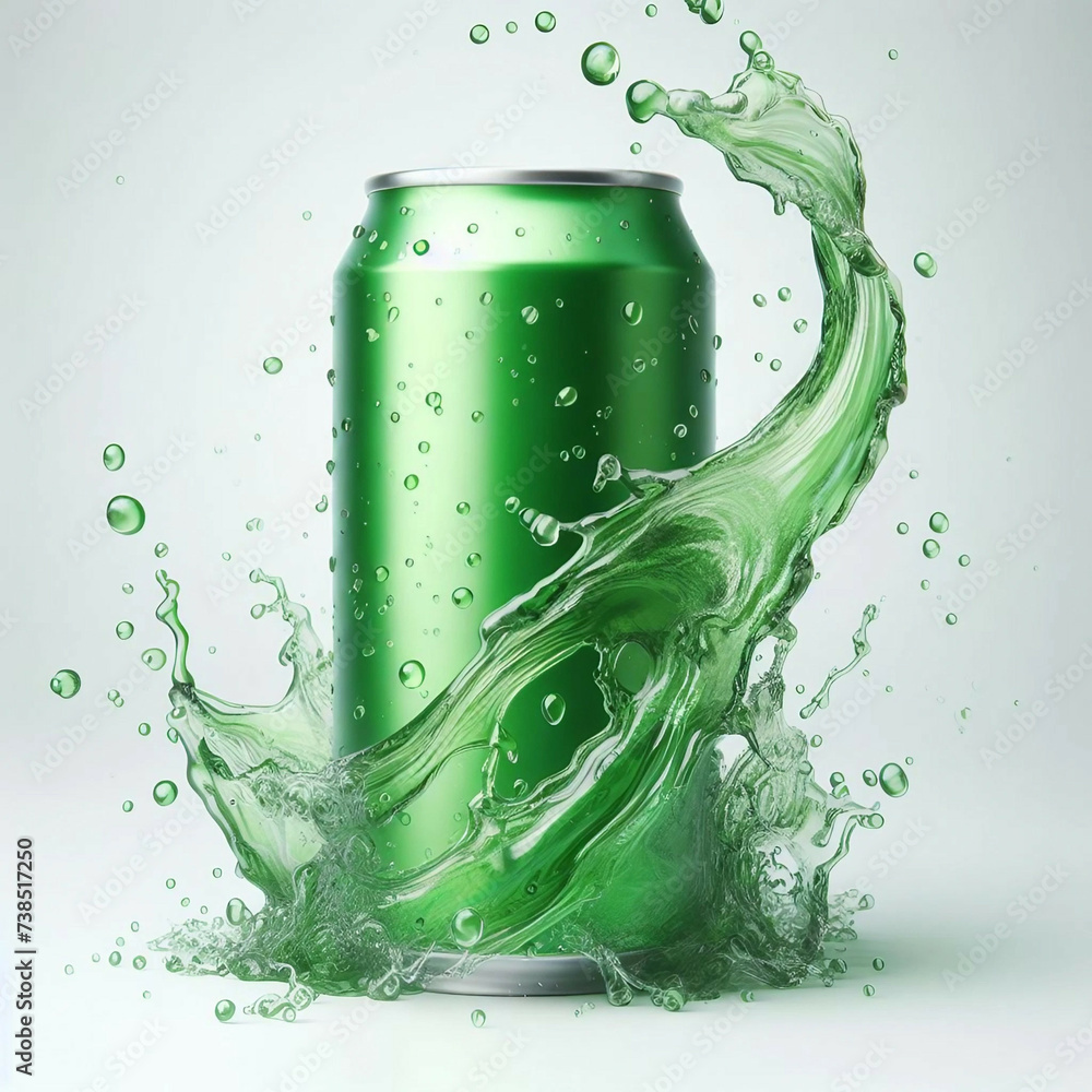 Mockup soft drink with green can and green splash isolated on white ...