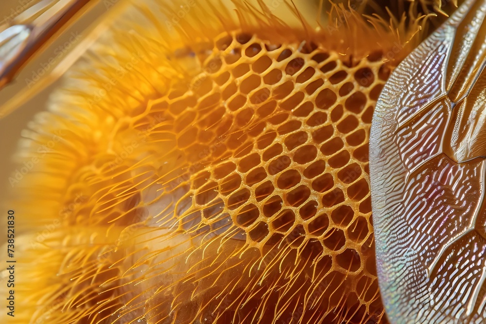Magnified image of a bee's wing, showing fine structures and veins ...