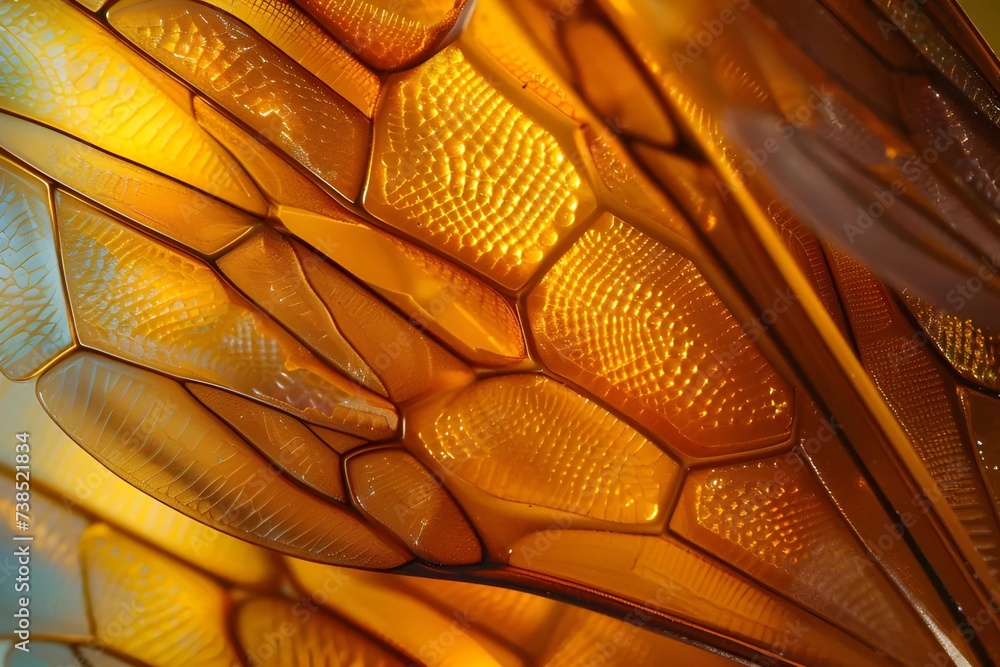 Magnified image of a bee's wing, showing fine structures and veins ...