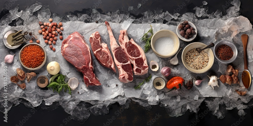 Slices of beef on a fresh red table, processed grilled meat and so ...