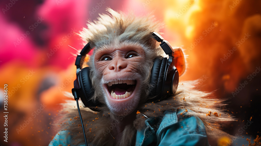 monkey wearing headphones with colorful powder paint explosion Stock ...