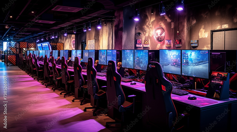 An empty modern gaming room with multiple computer stations and neon ...