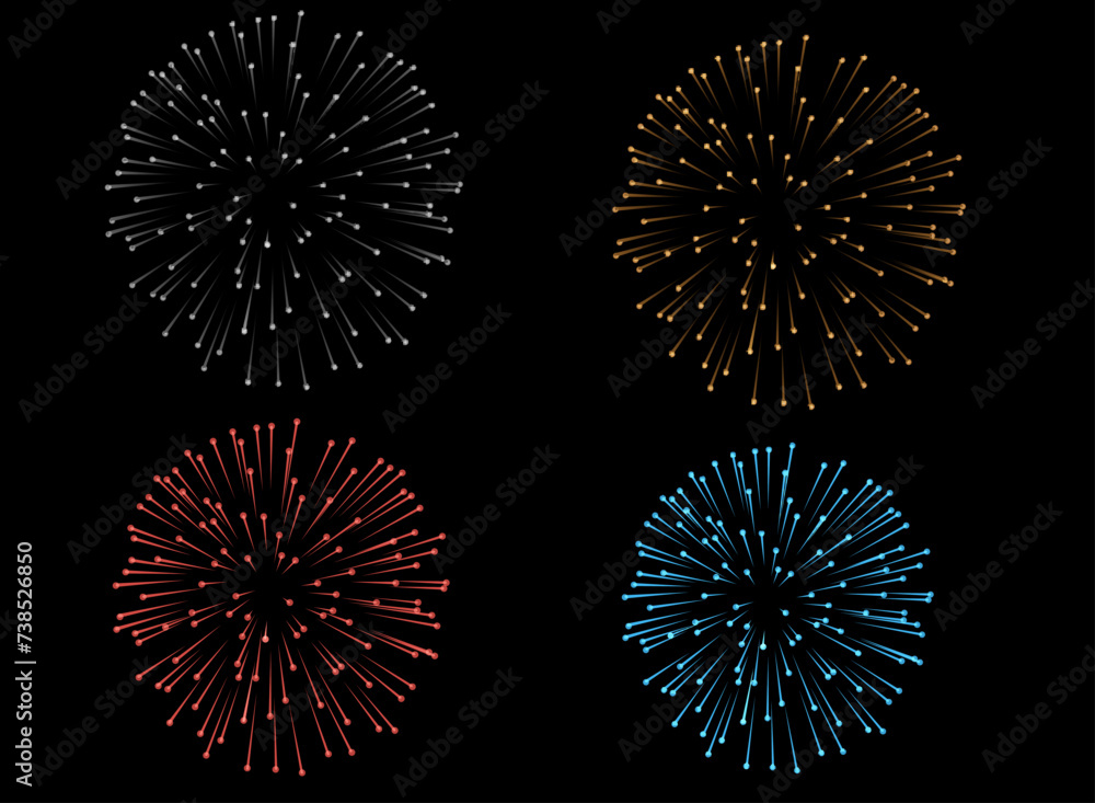 Pyrotechnics and fireworks set with animation on black background ...