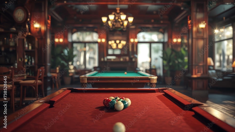 Pool game ready to start in an old-fashioned parlor with rich wood ...