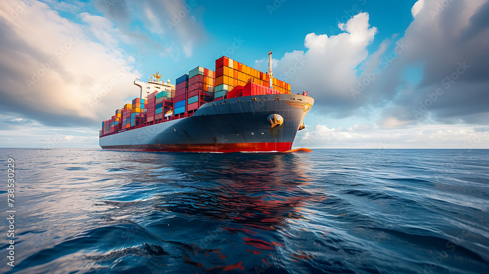 A large cargo ship sails across the ocean, carrying colorful shipping ...