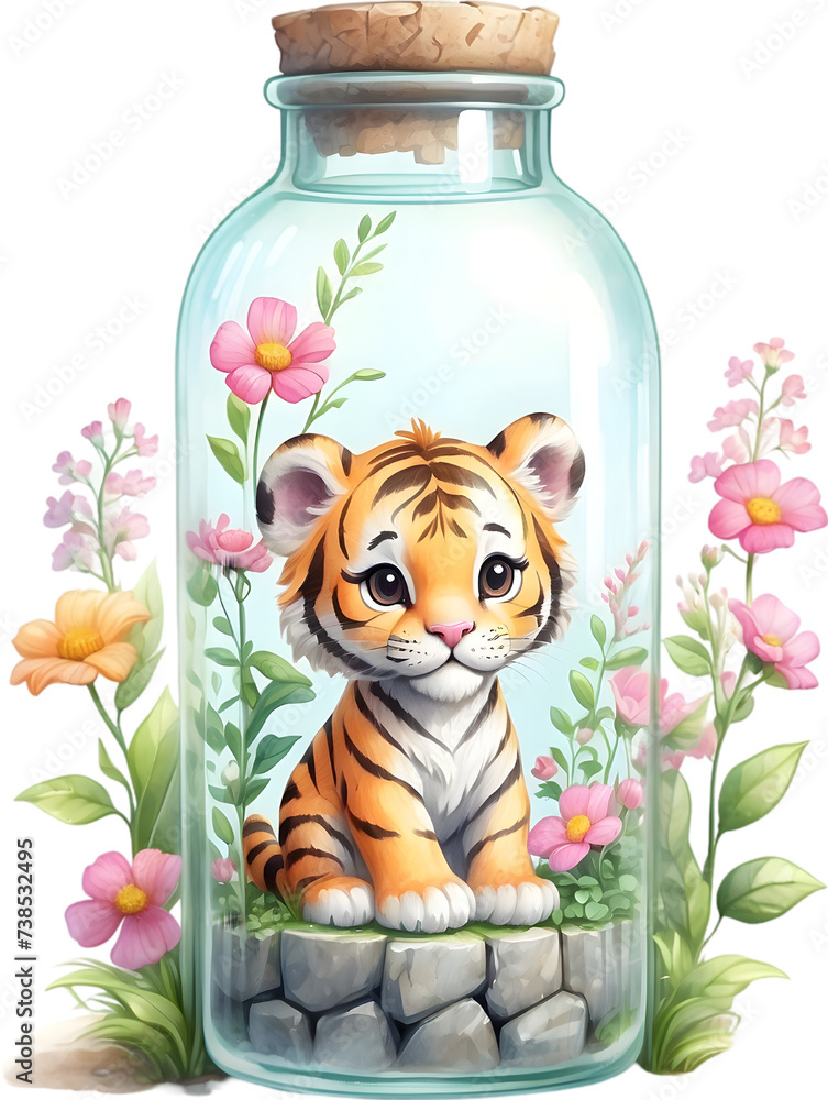 blind box lovely [cute chibi tiger] in glass bottle ,flower garden ...