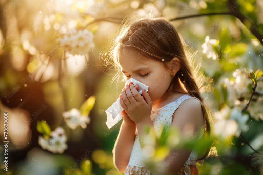 A little girl experiencing an allergic reaction, sneezing into a tissue ...