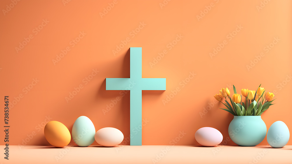 Easter eggs and Christian cross isolated on orange background ...