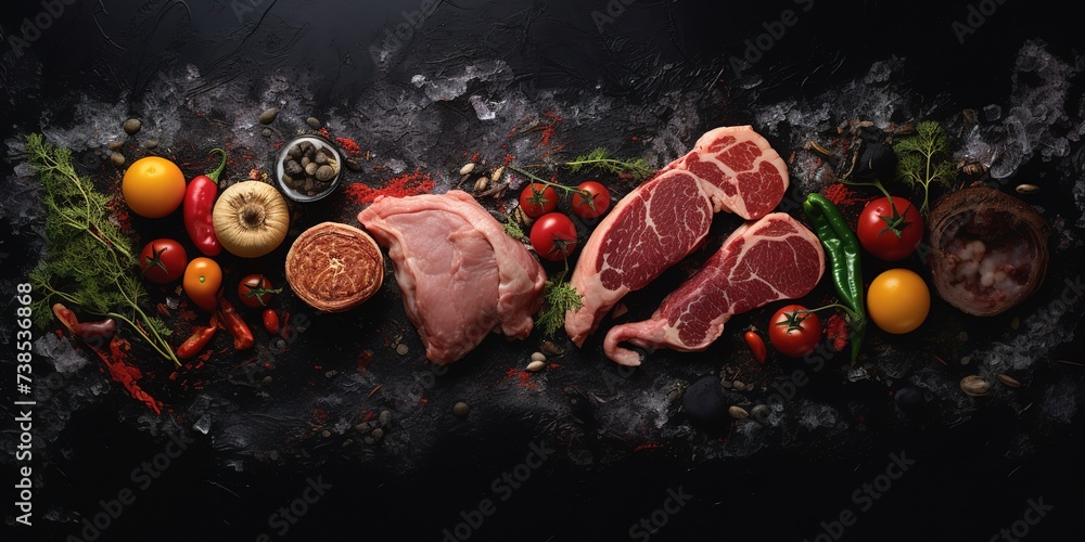 Slices of beef on a fresh red table, processed grilled meat and so ...