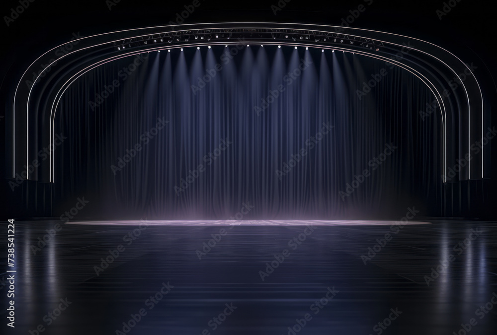 An empty stage is set against a black stage lighting background ...