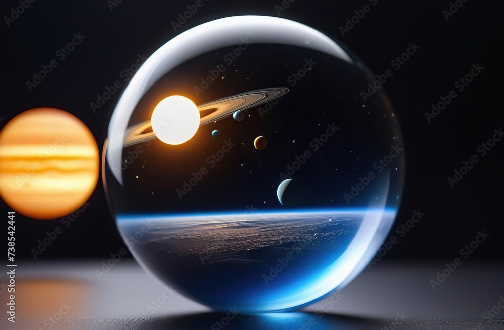 A transparent glass ball inside which reflects the solar system with ...