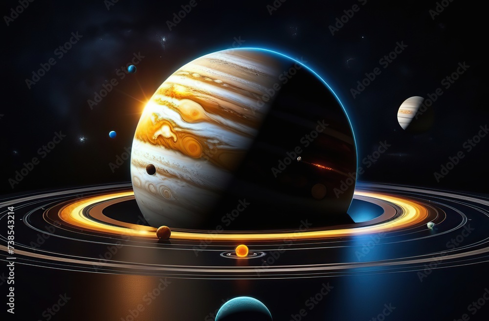 Wooden model of the solar system with planets, stars and galaxies on a ...