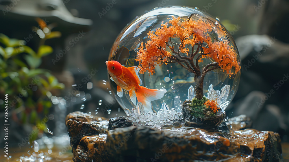 Discover the enchantment of a fish-shaped tree encased in a sphere. A ...