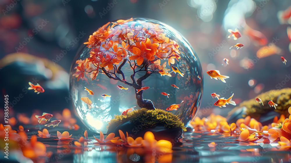 Discover the enchantment of a fish-shaped tree encased in a sphere. A ...