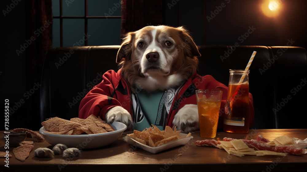 Dog wearing jacket and eating junk food on night, junk food coma Stock ...