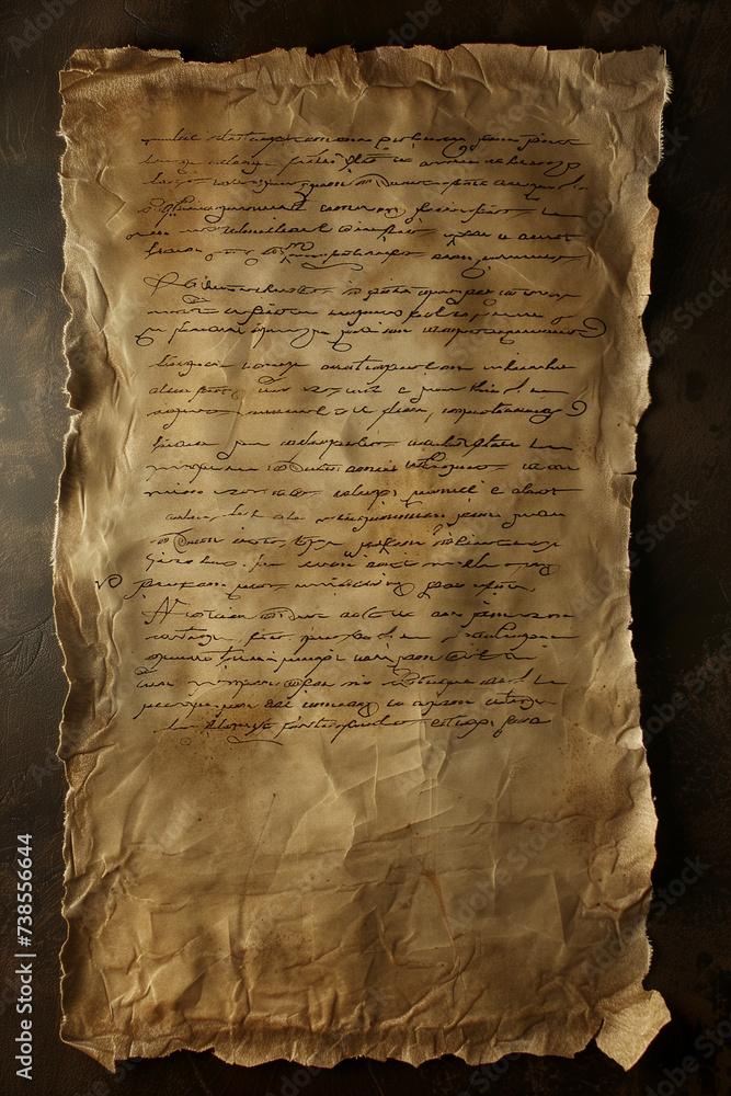 Old antique yellowed tattered sheets of parchment with secret writings ...