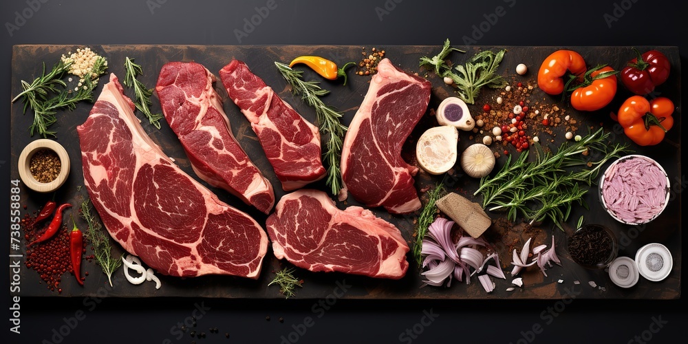 Slices of beef on a fresh red table, processed grilled meat and so ...