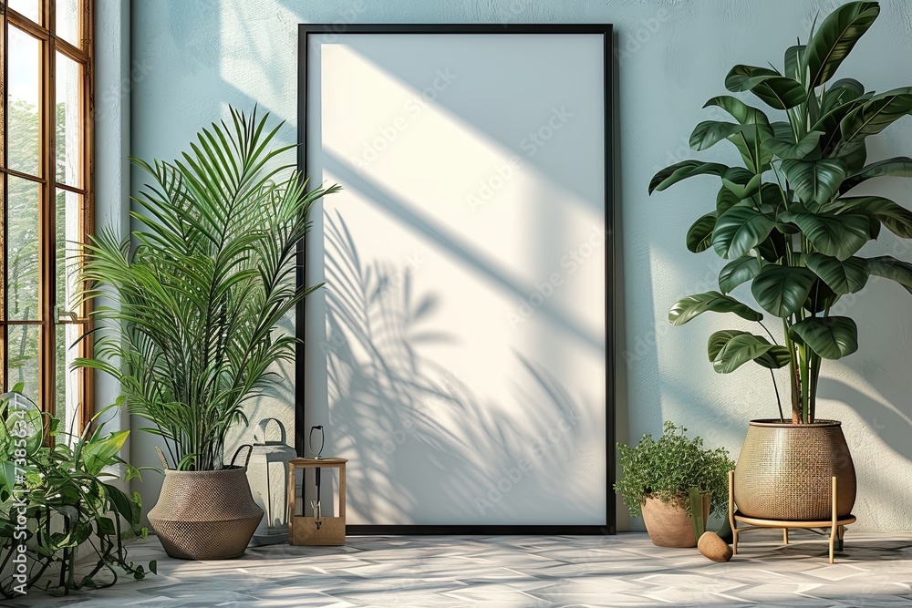 Blank biege poster frame mock up template, room interior in fusion ...