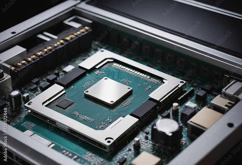 Modern CPU processor installed on a brand new motherboard, object ...