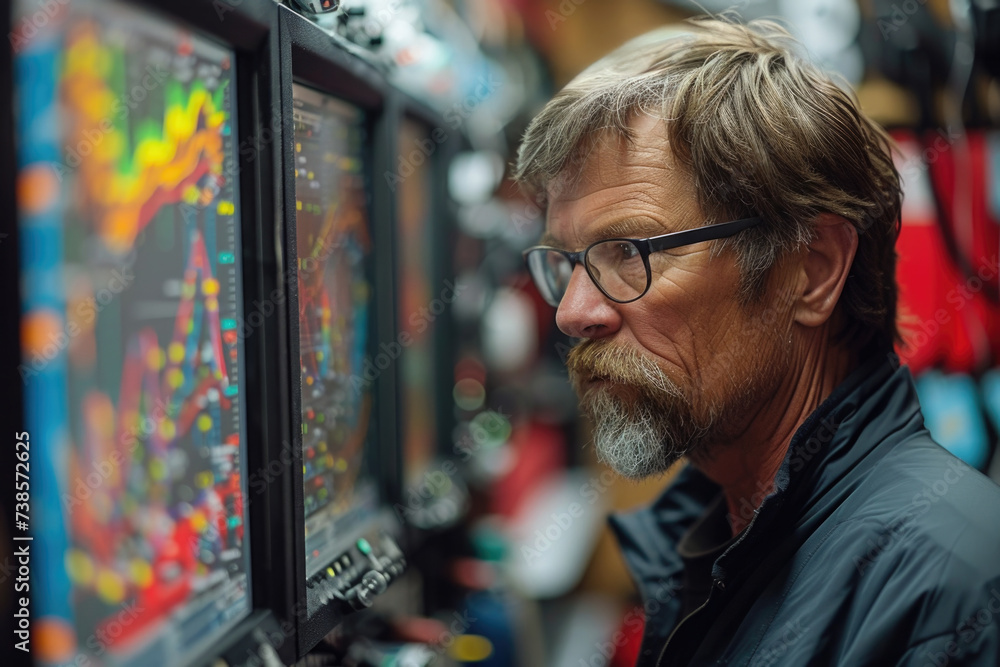 A mature male meteorologist attentively studies data on screens with a ...