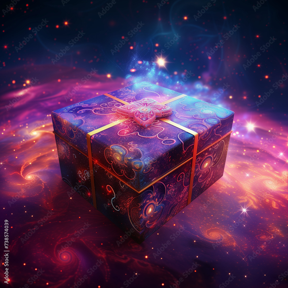 A space gift box with a gift floats in the weightlessness of multi ...