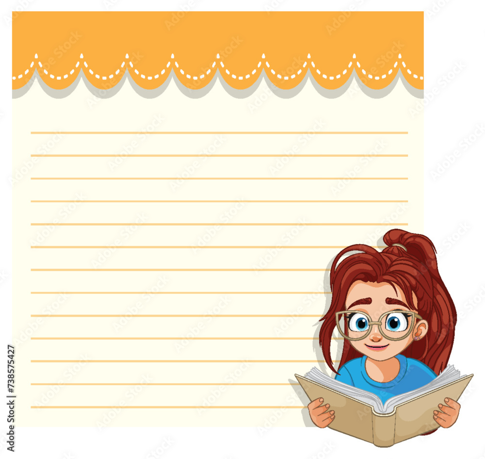 Cartoon girl reading book with lined paper background Stock Vector ...
