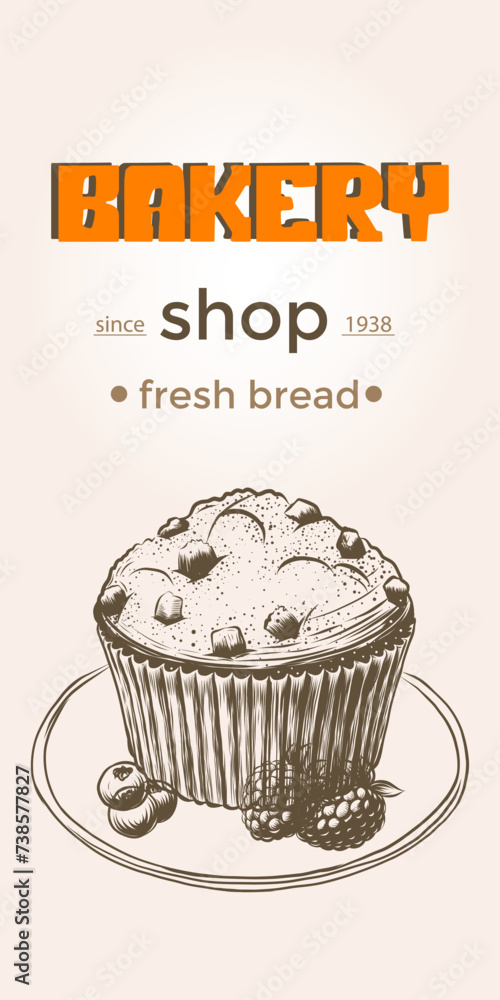 Vetor de Vintage template with cupcake sketch for bakery house ...