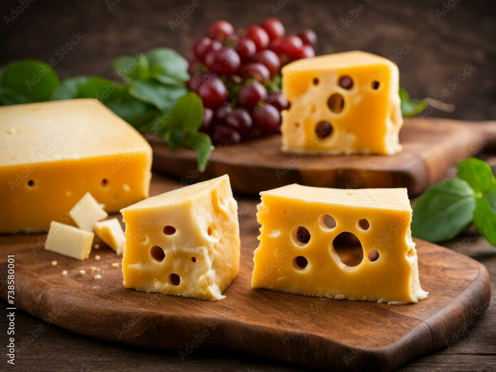 Block of Swiss medium-hard yellow cheese emmental or emmentaler with ...