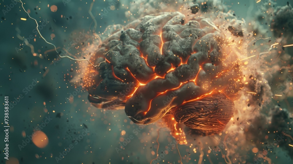 Digital artwork depicting a human brain with fiery neural connections ...