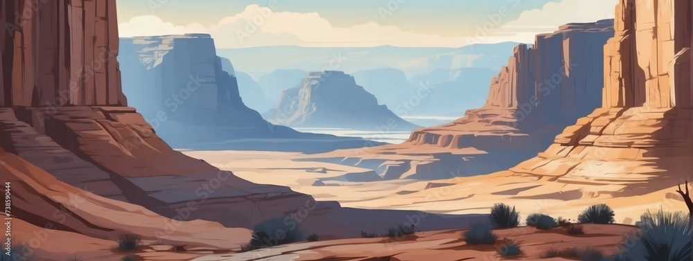Canyon landscape vector. Minimal rocky canyon art with watercolor brush ...
