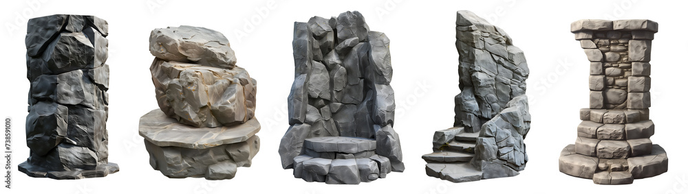 Collection set of large tall big hard rock boulder stone podium stage ...