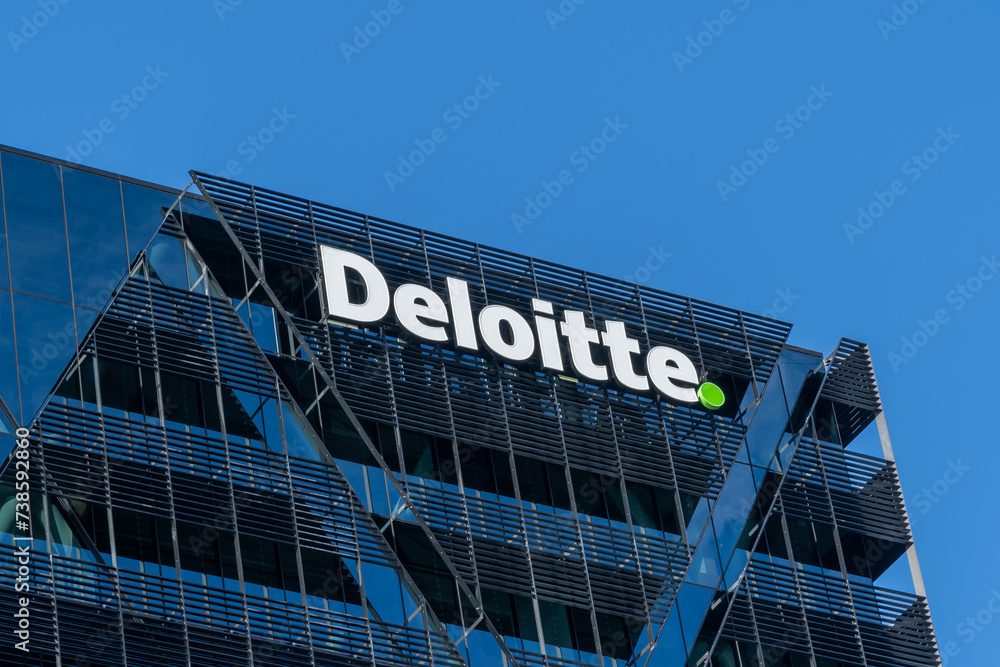 Wellington, New Zealand - February 10, 2024: Close-up of Deloitte logo ...