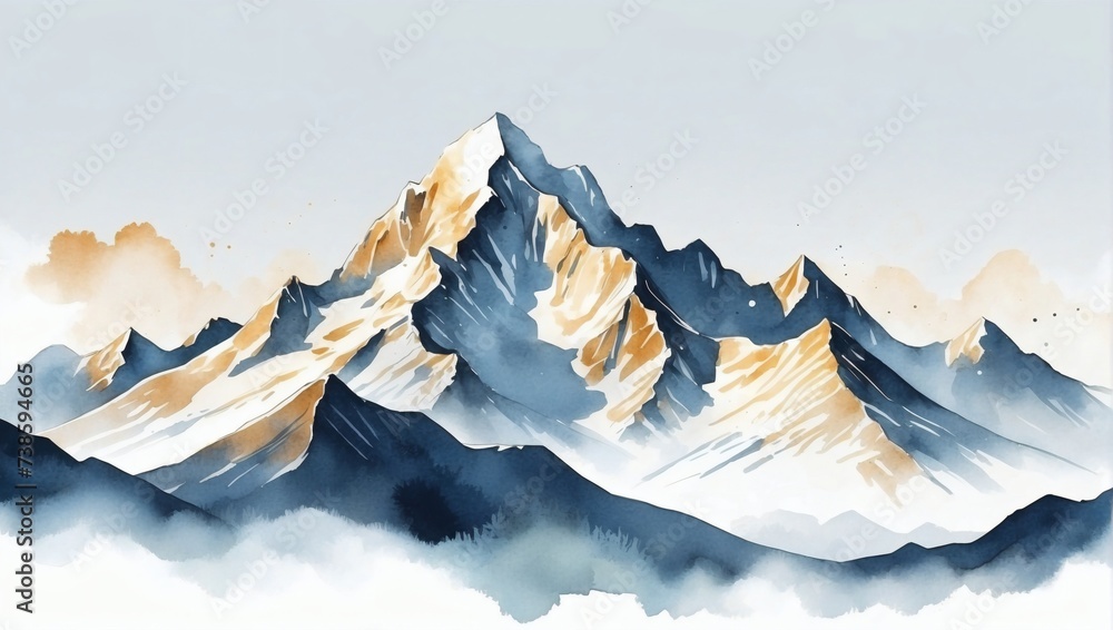 Snowy mountain vector. Minimal snow-capped peak art with watercolor ...